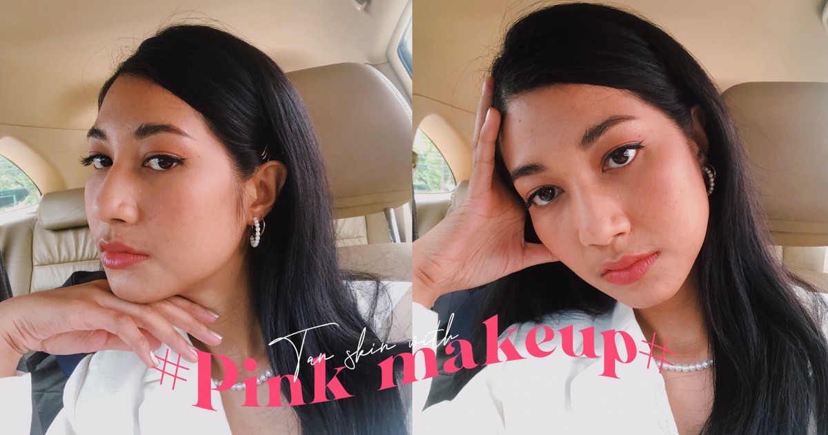 tan skin with pink makeup >