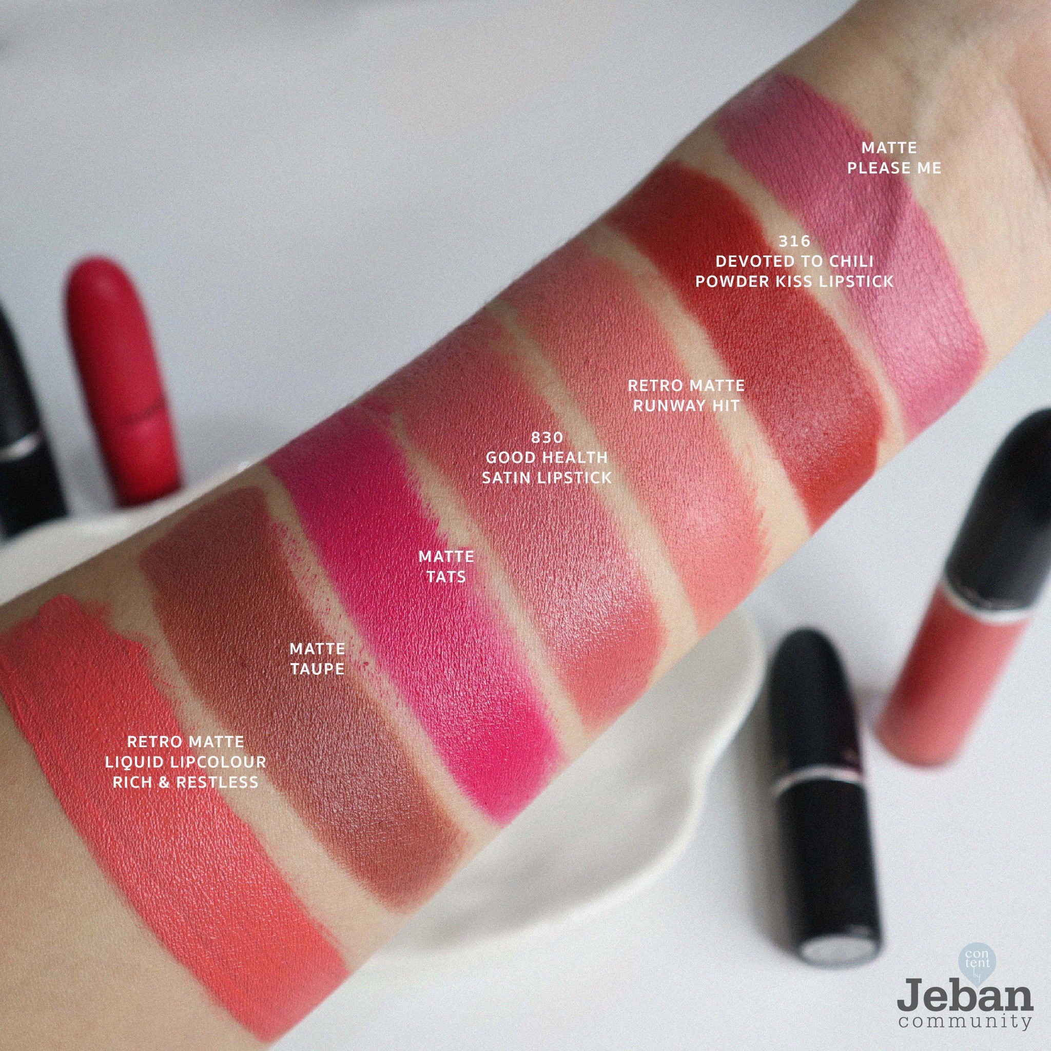 Swatch สีลิปสติก MAC ในกรุที่มีทั้ง 7 แท่งสีสวยมาก